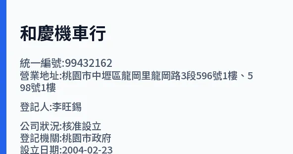 和慶機車行的照片-統編 99432162(桃園市) 公司登記資料與營業項目詳細圖表