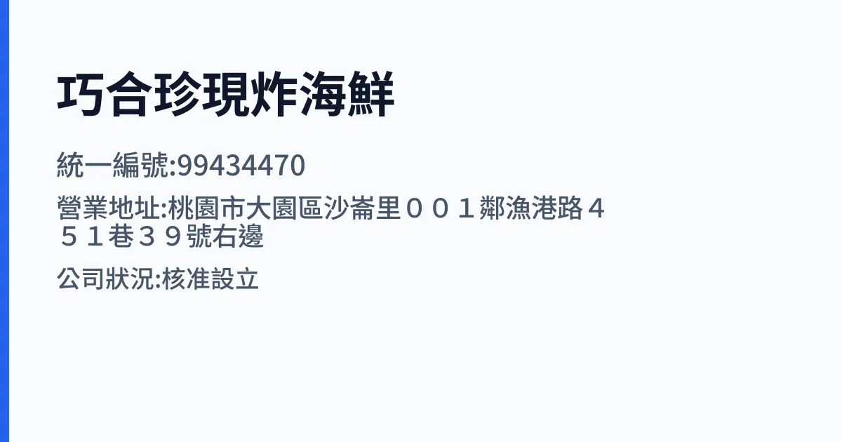 巧合珍現炸海鮮 - 統編 99434470(桃園市) 公司登記資料與營業項目詳細圖表