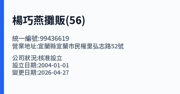 楊巧燕攤販(56)的照片-統編 99436619(宜蘭縣) 公司登記資料與營業項目詳細圖表