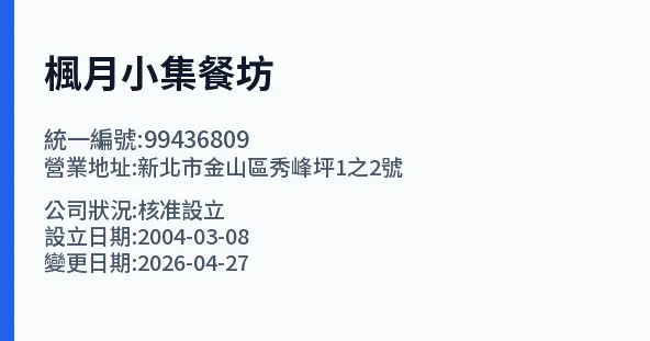 楓月小集餐坊的照片-統編 99436809(新北市) 公司登記資料與營業項目詳細圖表