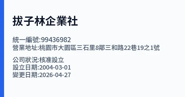 拔子林企業社的照片-統編 99436982(桃園市) 公司登記資料與營業項目詳細圖表