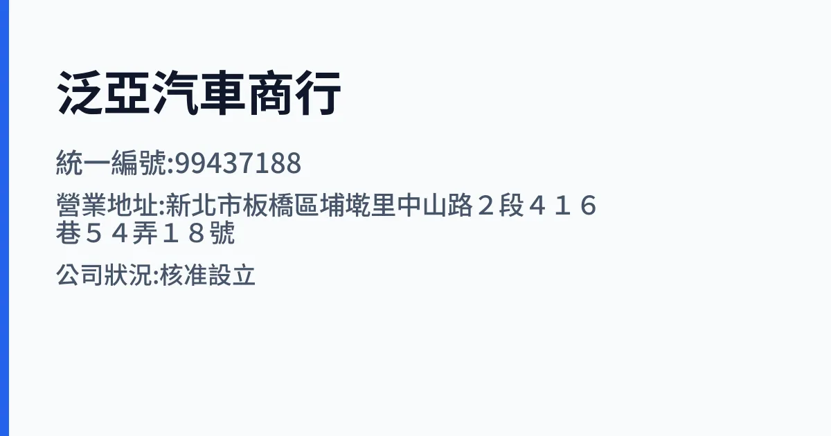 泛亞汽車商行 - 統編 99437188(新北市) 公司登記資料與營業項目詳細圖表