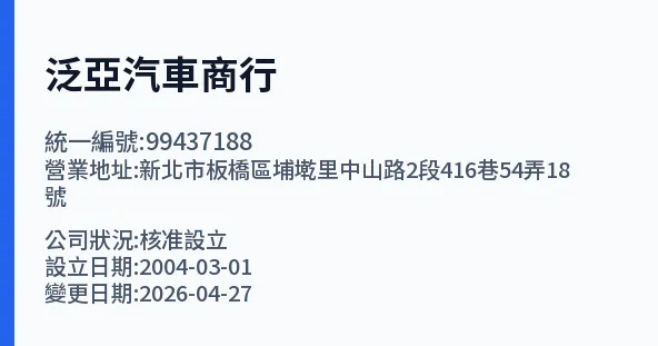 泛亞汽車商行的照片-統編 99437188(新北市) 公司登記資料與營業項目詳細圖表