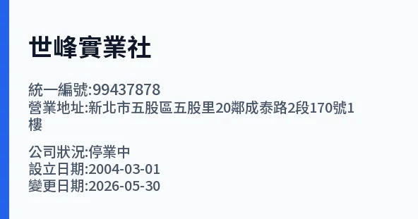 世峰實業社的照片-統編 99437878(新北市) 公司登記資料與營業項目詳細圖表