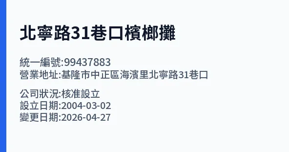 北寧路31巷口檳榔攤的照片-統編 99437883(基隆市) 公司登記資料與營業項目詳細圖表