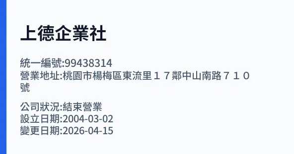 上德企業社的照片-統編 99438314(桃園市) 公司登記資料與營業項目詳細圖表