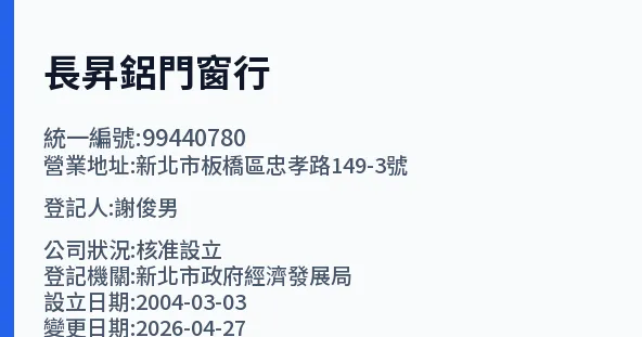 長昇鋁門窗行的照片-統編 99440780(新北市) 公司登記資料與營業項目詳細圖表