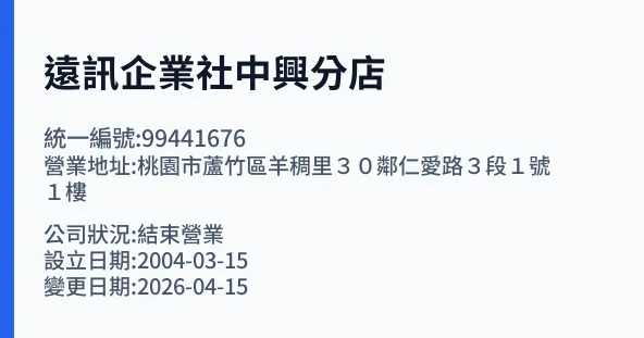 遠訊企業社中興分店的照片-統編 99441676(桃園市) 公司登記資料與營業項目詳細圖表
