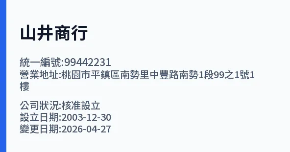 山井商行的照片-統編 99442231(桃園市) 公司登記資料與營業項目詳細圖表