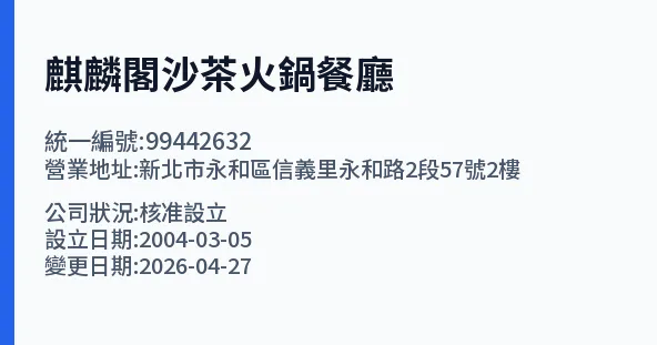 麒麟閣沙茶火鍋餐廳的照片-統編 99442632(新北市) 公司登記資料與營業項目詳細圖表