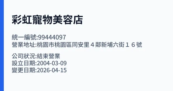 彩虹寵物美容店的照片-統編 99444097(桃園市) 公司登記資料與營業項目詳細圖表