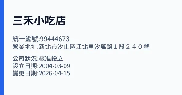 三禾小吃店的照片-統編 99444673(新北市) 公司登記資料與營業項目詳細圖表