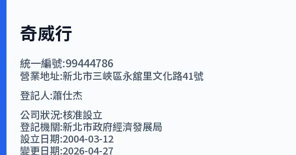 奇威行的照片-統編 99444786(新北市) 公司登記資料與營業項目詳細圖表