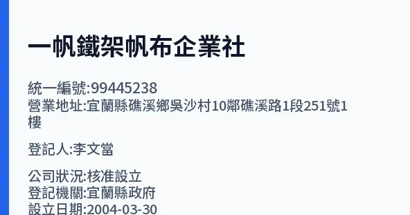 一帆鐵架帆布企業社的照片-統編 99445238(宜蘭縣) 公司登記資料與營業項目詳細圖表