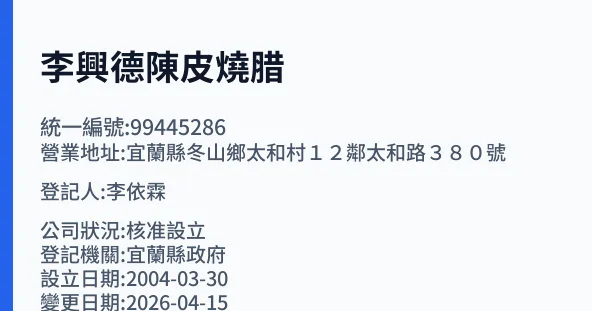 李興德陳皮燒腊的照片-統編 99445286(宜蘭縣) 公司登記資料與營業項目詳細圖表