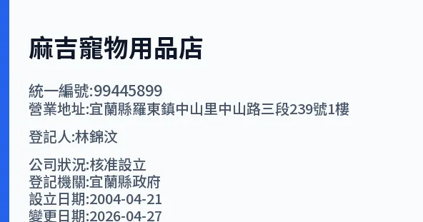 麻吉寵物用品店的照片-統編 99445899(宜蘭縣) 公司登記資料與營業項目詳細圖表