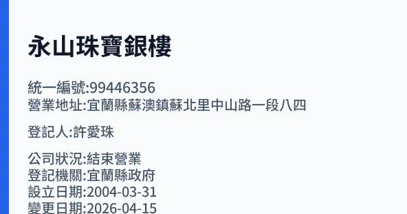 永山珠寶銀樓的照片-統編 99446356(宜蘭縣) 公司登記資料與營業項目詳細圖表