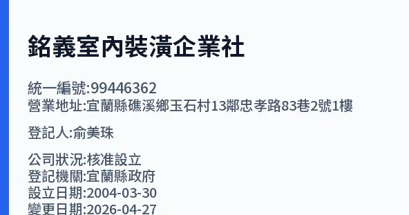 銘義室內裝潢企業社的照片-統編 99446362(宜蘭縣) 公司登記資料與營業項目詳細圖表