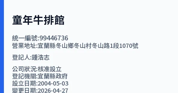 童年牛排館的照片-統編 99446736(宜蘭縣) 公司登記資料與營業項目詳細圖表