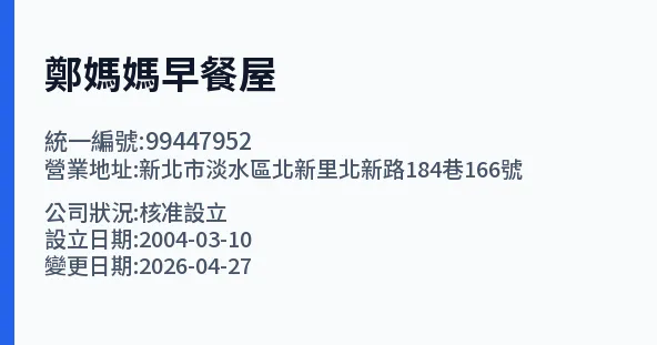 鄭媽媽早餐屋的照片-統編 99447952(新北市) 公司登記資料與營業項目詳細圖表