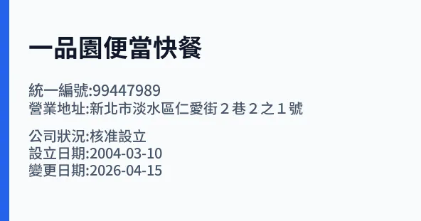 一品園便當快餐的照片-統編 99447989(新北市) 公司登記資料與營業項目詳細圖表