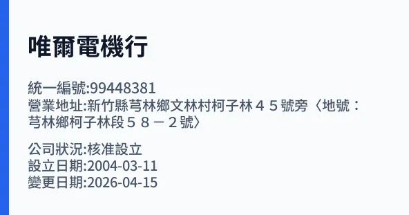 唯爾電機行的照片-統編 99448381(新竹縣) 公司登記資料與營業項目詳細圖表