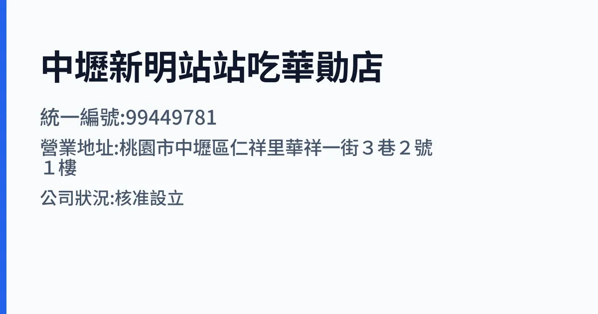 中壢新明站站吃華勛店 - 統編 99449781(桃園市) 公司登記資料與營業項目詳細圖表