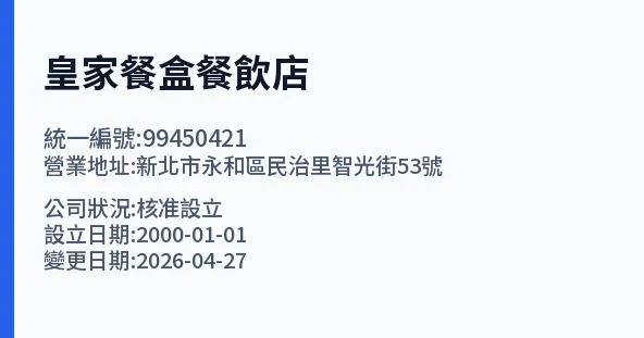 皇家餐盒餐飲店的照片-統編 99450421(新北市) 公司登記資料與營業項目詳細圖表