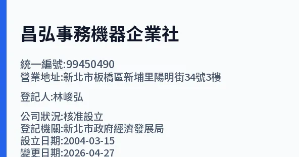 昌弘事務機器企業社的照片-統編 99450490(新北市) 公司登記資料與營業項目詳細圖表