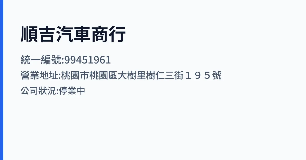 順吉汽車商行 - 統編 99451961(桃園市) 公司登記資料與營業項目詳細圖表