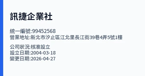 訊捷企業社的照片-統編 99452568(新北市) 公司登記資料與營業項目詳細圖表