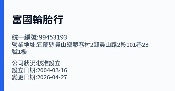 富國輪胎行的照片-統編 99453193(宜蘭縣) 公司登記資料與營業項目詳細圖表