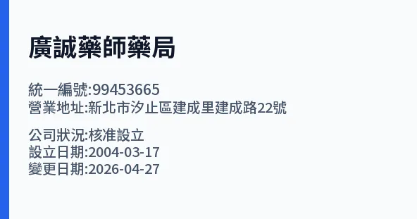 廣誠藥師藥局的照片-統編 99453665(新北市) 公司登記資料與營業項目詳細圖表