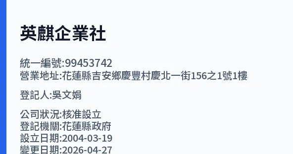 英麒企業社的照片-統編 99453742(花蓮縣) 公司登記資料與營業項目詳細圖表