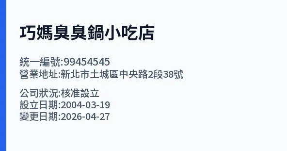 巧媽臭臭鍋小吃店的照片-統編 99454545(新北市) 公司登記資料與營業項目詳細圖表