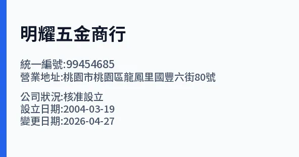 明耀五金商行的照片-統編 99454685(桃園市) 公司登記資料與營業項目詳細圖表