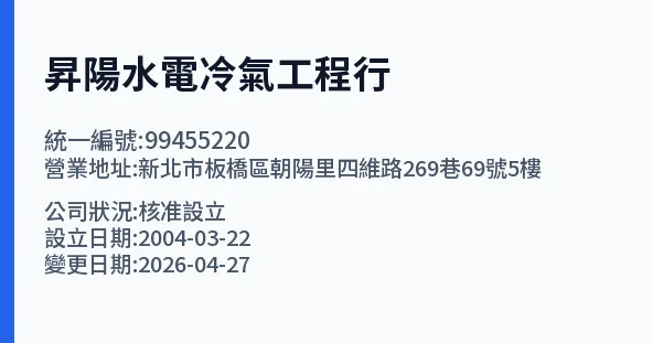 昇陽水電冷氣工程行的照片-統編 99455220(新北市) 公司登記資料與營業項目詳細圖表