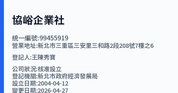 協峪企業社的照片-統編 99455919(新北市) 公司登記資料與營業項目詳細圖表