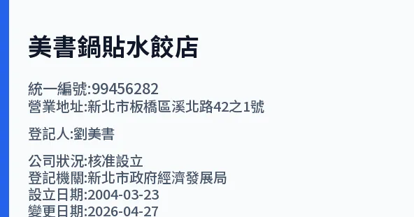 美書鍋貼水餃店的照片-統編 99456282(新北市) 公司登記資料與營業項目詳細圖表