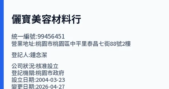 儷寶美容材料行的照片-統編 99456451(桃園市) 公司登記資料與營業項目詳細圖表
