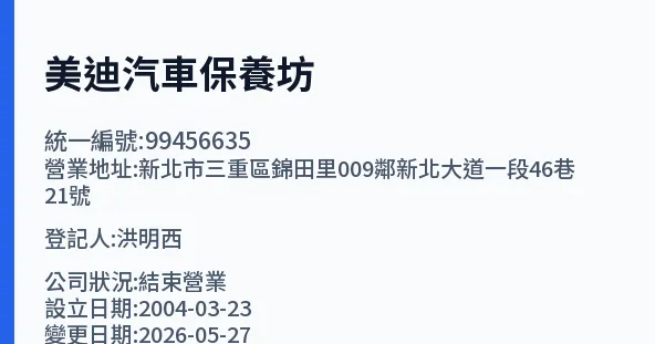 美迪汽車保養坊的照片-統編 99456635(新北市) 公司登記資料與營業項目詳細圖表