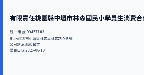 有限責任桃園縣中壢市林森國民小學員生消費合作社的照片-統編 99457183(桃園市) 公司登記資料與營業項目詳細圖表