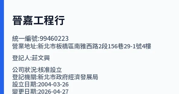 晉嘉工程行的照片-統編 99460223(新北市) 公司登記資料與營業項目詳細圖表