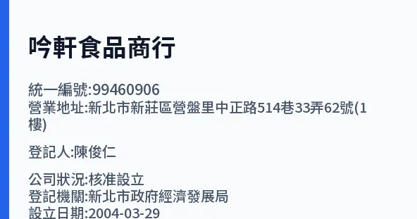 吟軒食品商行的照片-統編 99460906(新北市) 公司登記資料與營業項目詳細圖表