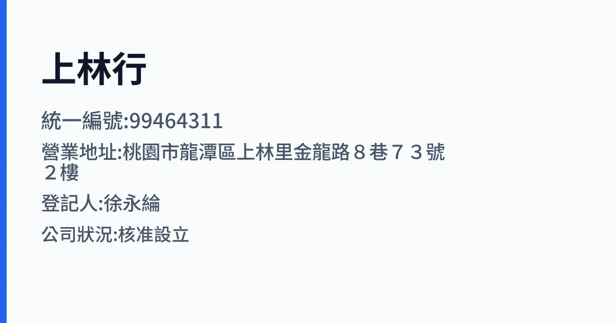 上林行 - 統編 99464311(桃園市) 公司登記資料與營業項目詳細圖表