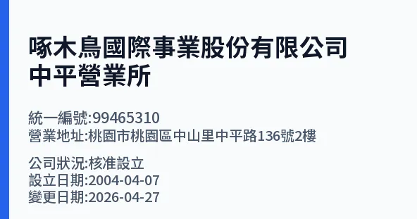啄木鳥國際事業股份有限公司中平營業所的照片-統編 99465310(桃園市) 公司登記資料與營業項目詳細圖表