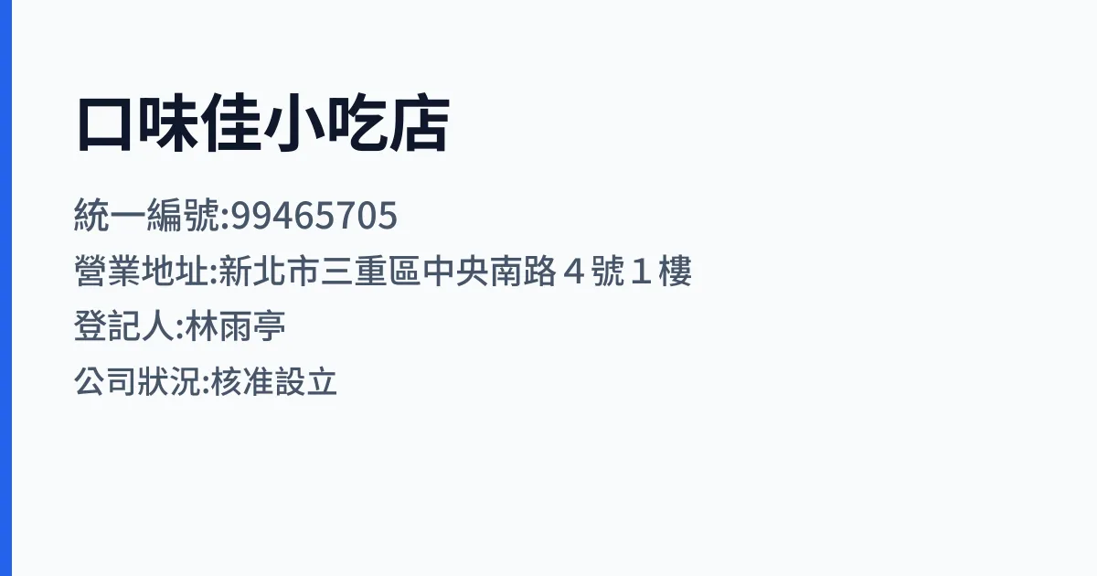 口味佳小吃店 - 統編 99465705(新北市) 公司登記資料與營業項目詳細圖表