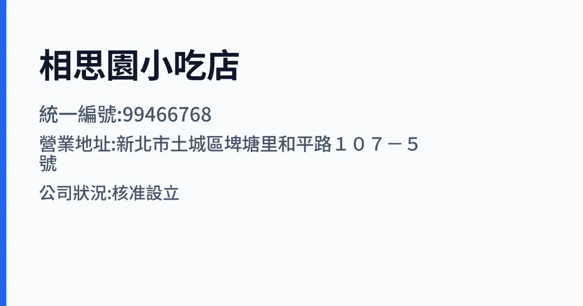 相思園小吃店 - 統編 99466768(新北市) 公司登記資料與營業項目詳細圖表