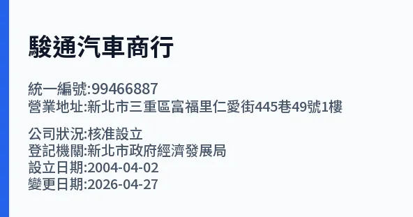 駿通汽車商行的照片-統編 99466887(新北市) 公司登記資料與營業項目詳細圖表