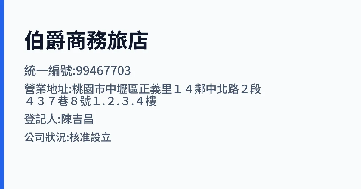 伯爵商務旅店 - 統編 99467703(桃園市) 公司登記資料與營業項目詳細圖表